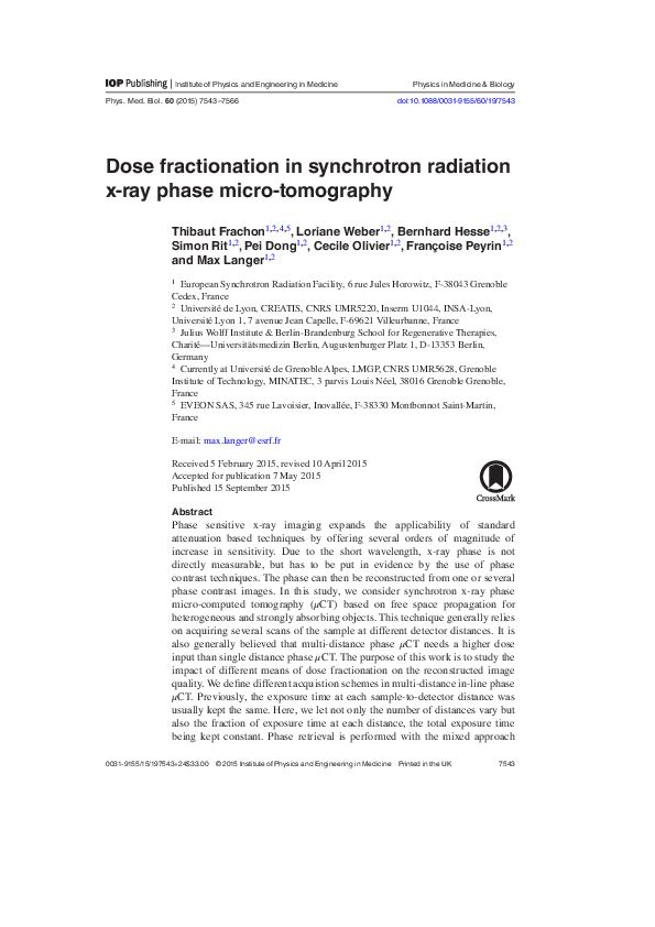 (PDF) Dose fractionation in synchrotron radiation x-ray phase micro-tomography | Francoise ...