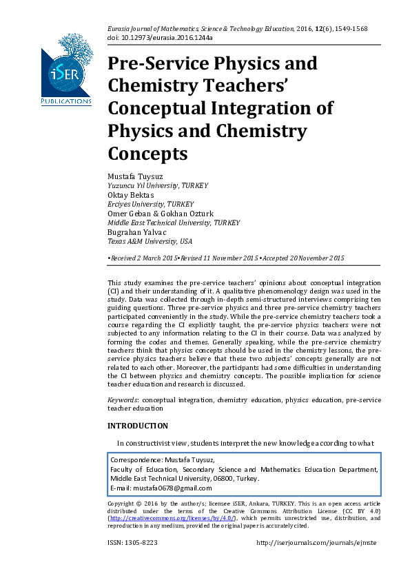 Pre-Service Physics and Chemistry Teachers’ Conceptual Integration of ...