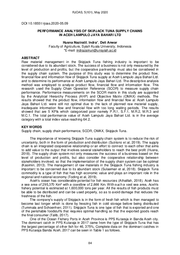 (PDF) Performance Analysis of Skipjack Tuna Supply Chains in Aceh Lampulo Jaya Bahari LTD