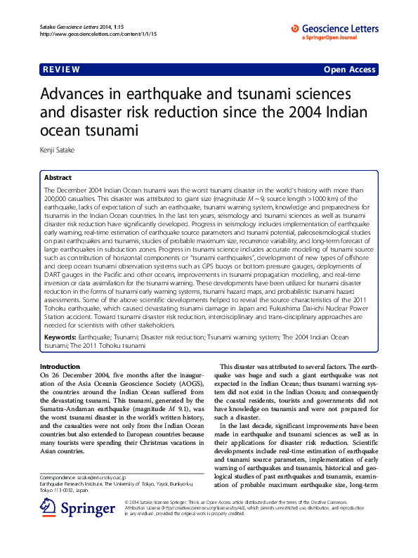 (PDF) Advances in earthquake and tsunami sciences and disaster risk reduction since the 2004 ...
