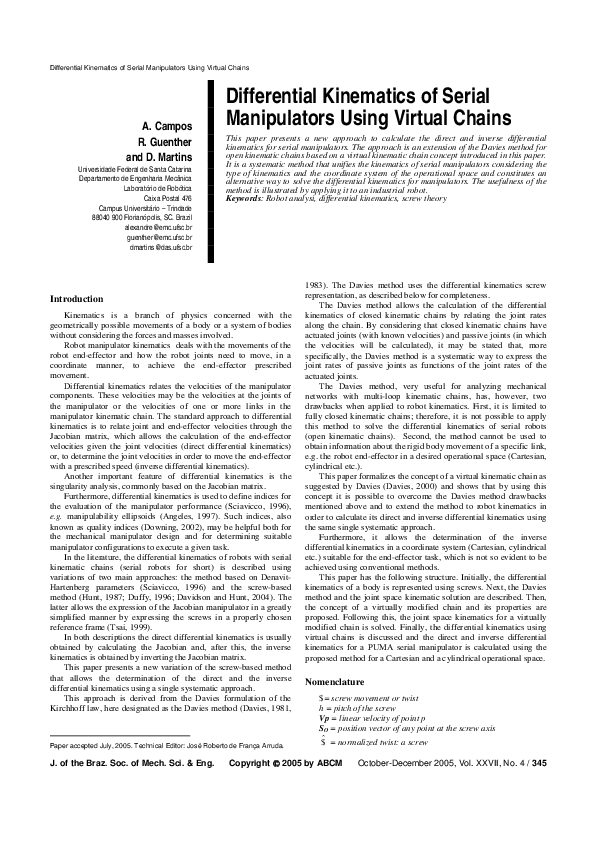 (PDF) Differential kinematics of serial manipulators using virtual chains
