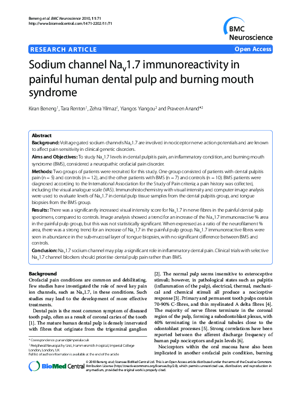(PDF) Sodium channel Nav1.7 immunoreactivity in painful human dental ...