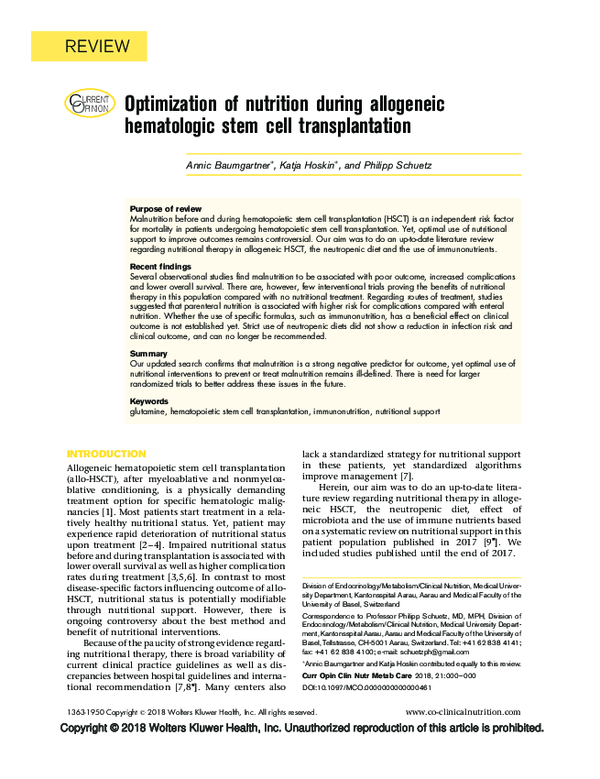 (PDF) Optimization of nutrition during allogeneic hematologic stem cell transplantation