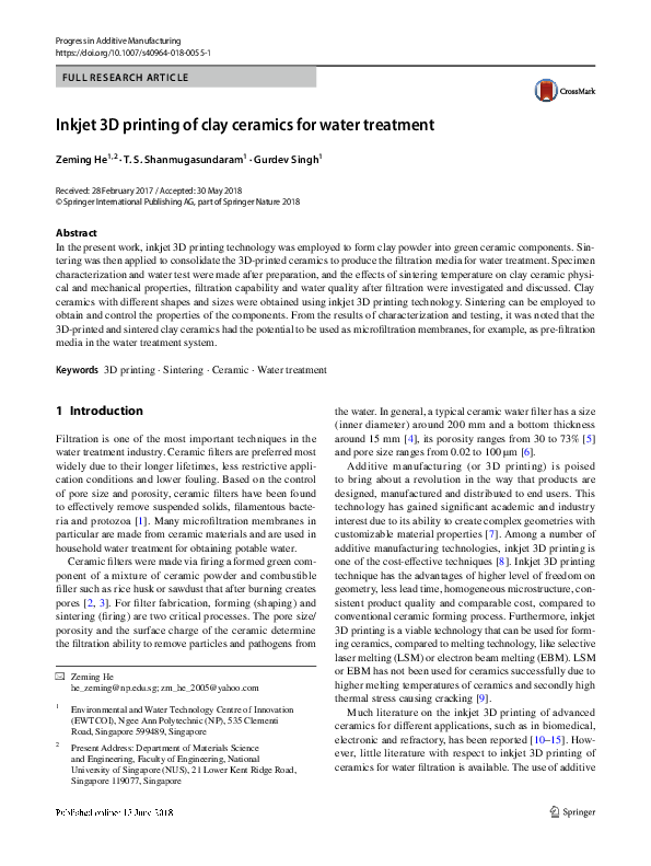(PDF) Inkjet 3D printing of clay ceramics for water treatment