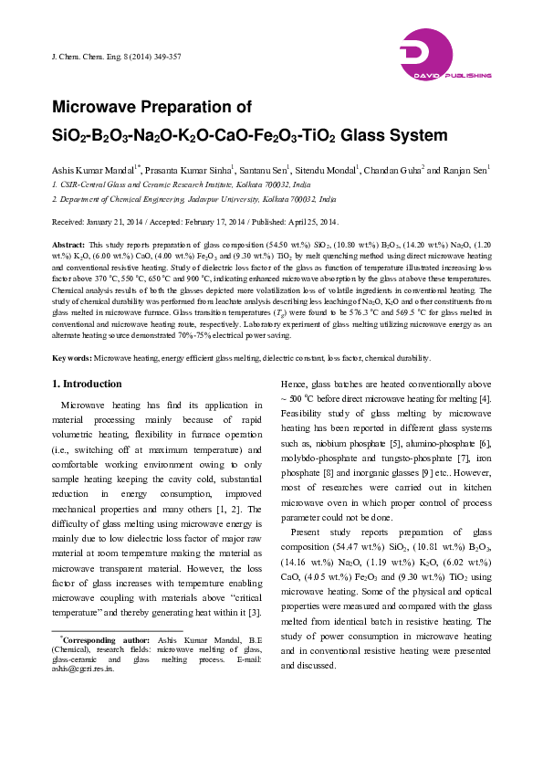 (PDF) Microwave Preparation of SiO2-B2O3-Na2O-K2O-CaO-Fe2O3-TiO2 Glass System