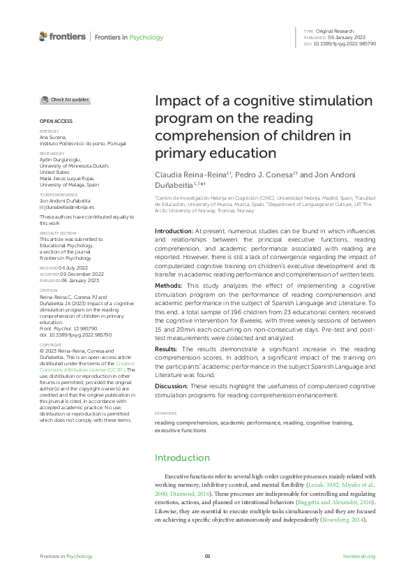 (PDF) Impact of a cognitive stimulation program on the reading comprehension of children in ...