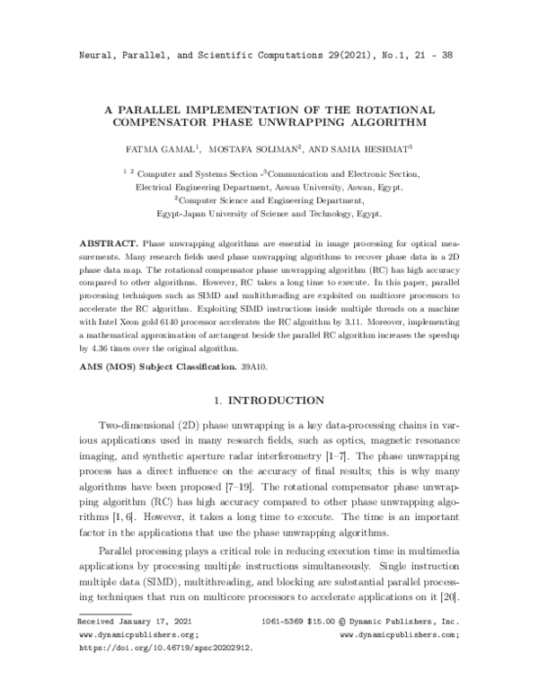 Pdf A Parallel Implementation Of The Rotational Compensator Phase Unwrapping Algorithm Fatma