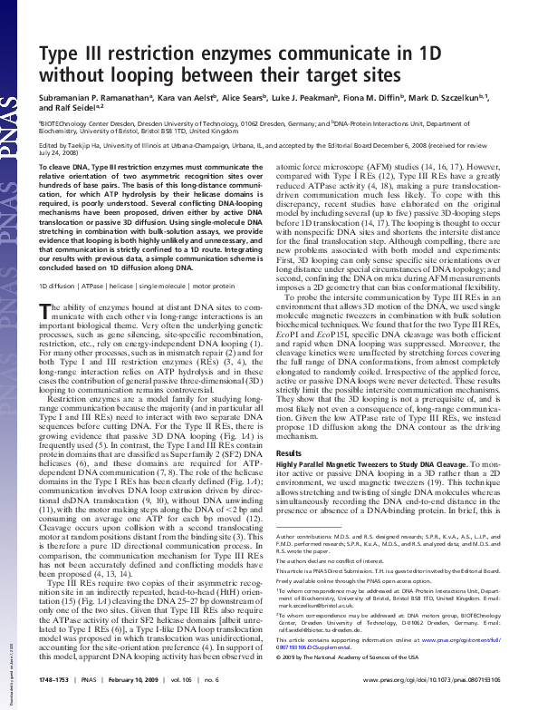 (PDF) Type III restriction enzymes communicate in 1D without looping ...