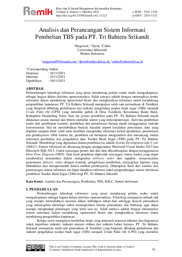 (PDF) Analisis dan Perancangan Sistem Pembelian dan Pengolahan TBS pada PT. Tri Bahtera Srikandi