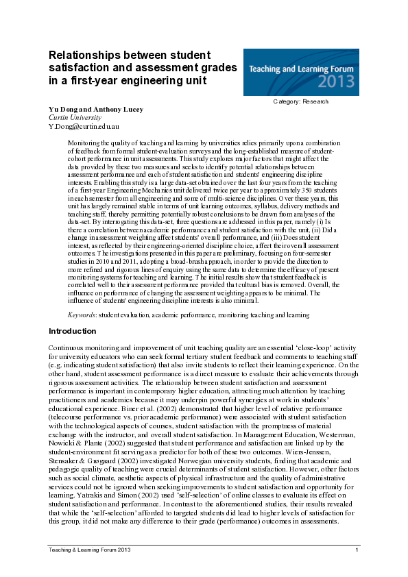 (PDF) Relationships between student satisfaction and assessment grades in a first-year ...
