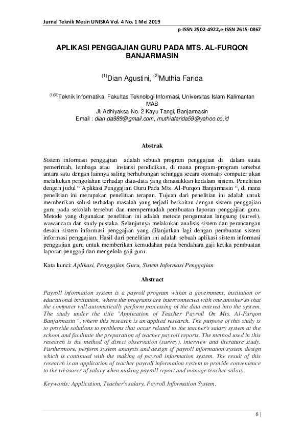 (PDF) Aplikasi Penggajian Guru Pada Mts. Al-Furqon Banjarmasin | Dian Agustini - Academia.edu