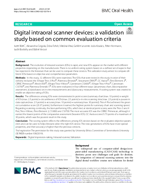 (PDF) Digital intraoral scanner devices: a validation study based on common evaluation criteria
