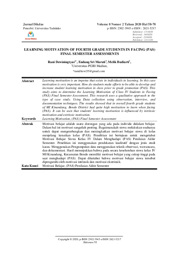 (PDF) Learning Motivation of Fourth Grade Students in Facing (Pas ...