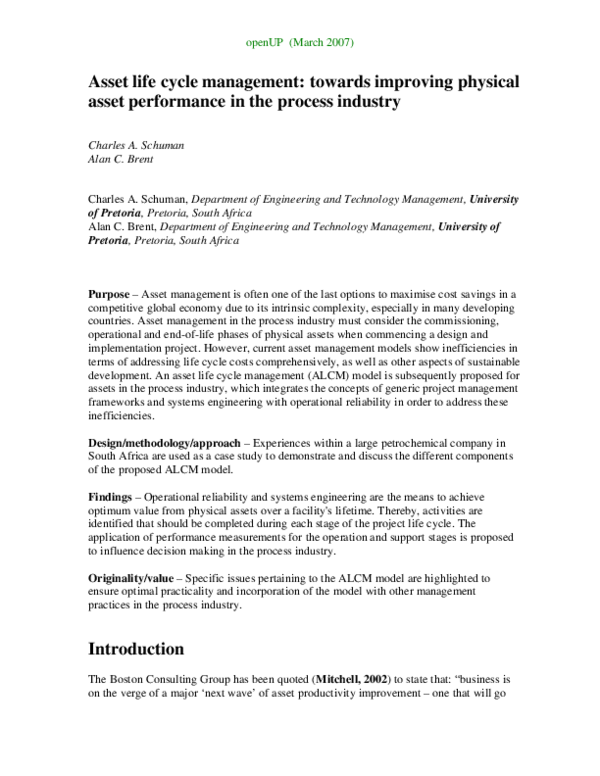 (PDF) Asset life cycle management: towards improving physical asset ...