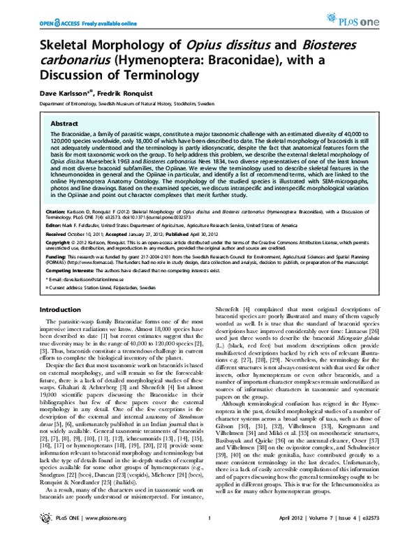 (PDF) Skeletal Morphology of Opius dissitus and Biosteres carbonarius ...