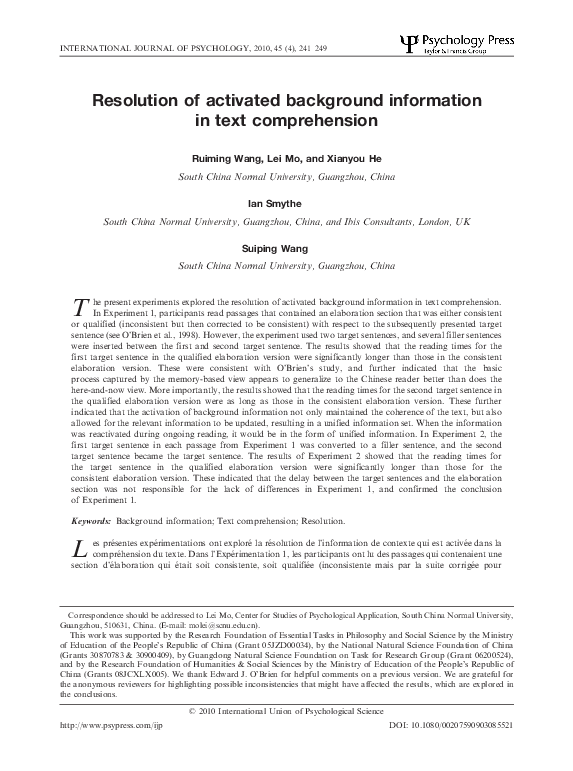 (PDF) Resolution of activated background information in text comprehension
