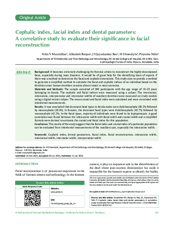 (PDF) Cephalic index, facial index and dental parameters: A correlative ...