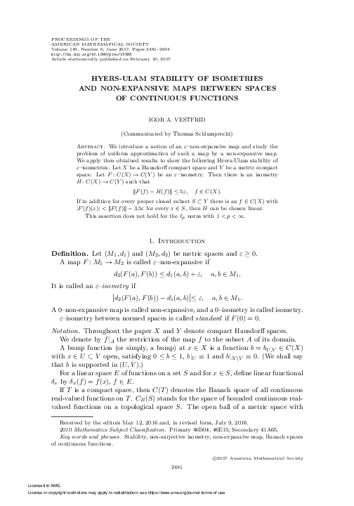 (PDF) Hyers-Ulam stability of isometries and non-expansive maps between spaces of continuous ...