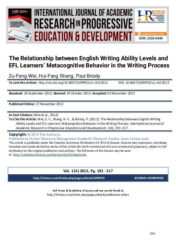 (PDF) The Relationship between English Writing Ability Levels and EFL Learners’ Metacognitive ...