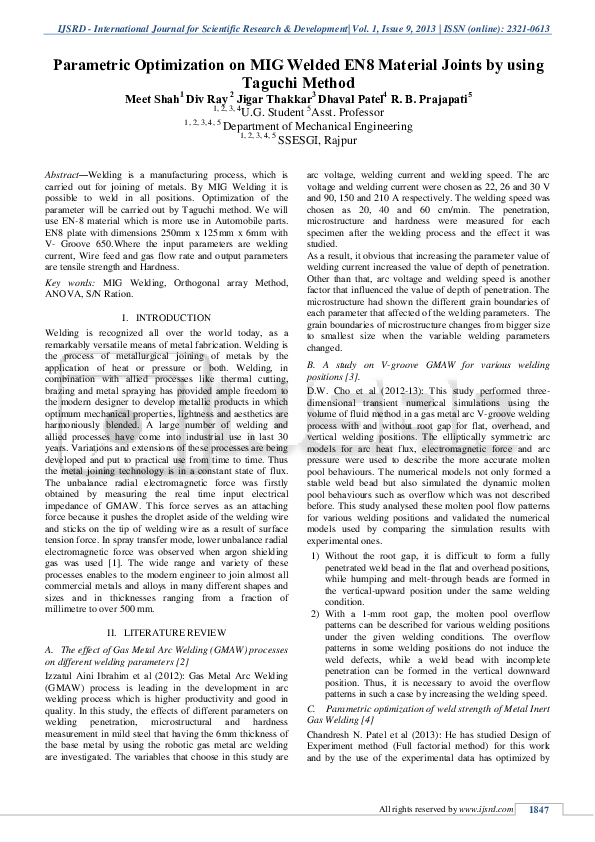 (PDF) Optimizing MIG Welded EN8 Using Taguchi Method