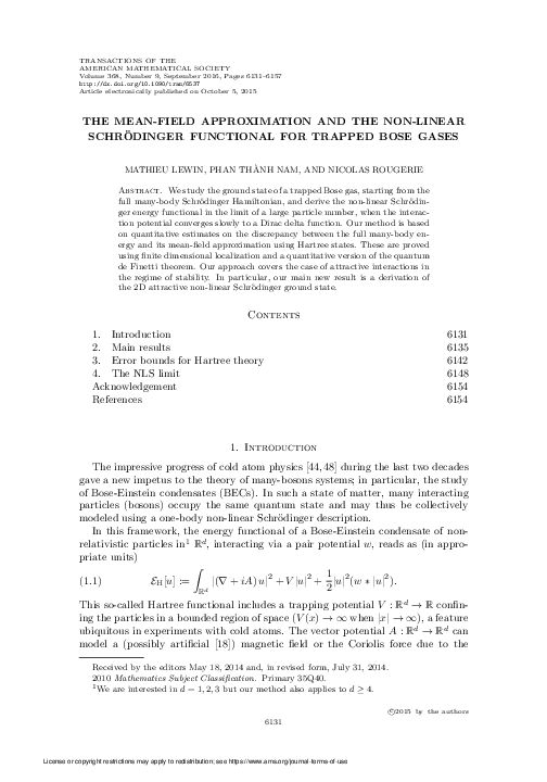 (PDF) The mean-field approximation and the non-linear Schrödinger functional for trapped Bose gases