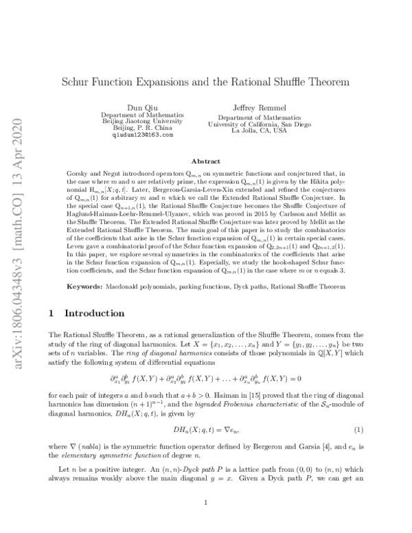 (PDF) Schur function expansions and the Rational Shuffle Theorem