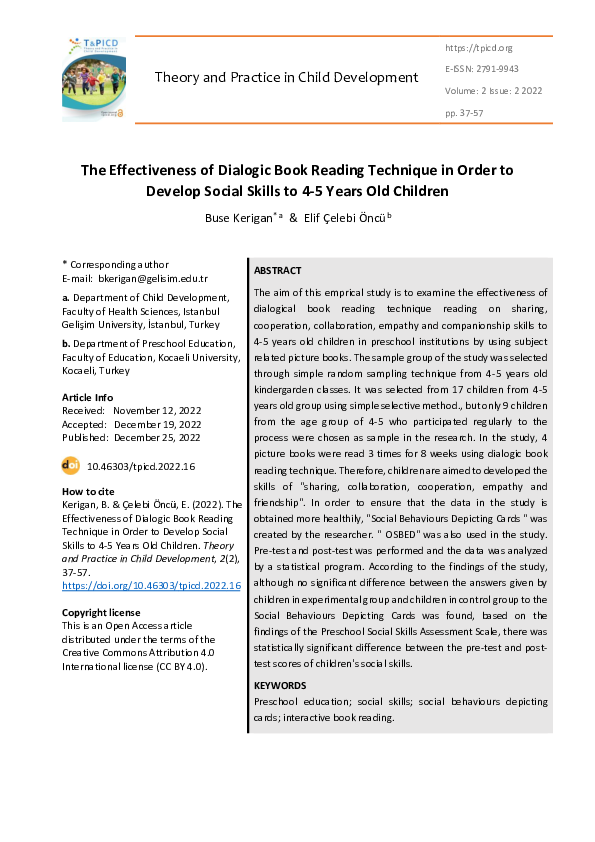 (PDF) The Effectiveness of Dialogic Book Reading Technique in Order to Develop Social Skills to ...