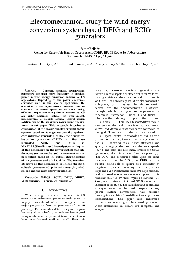 (PDF) Electromechanical Study the Wind Energy Conversion System Based DFIG and SCIG Generators