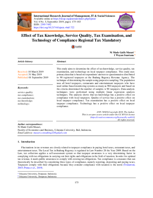 (PDF) Effect of tax knowledge, service quality, tax examination, and technology of compliance ...