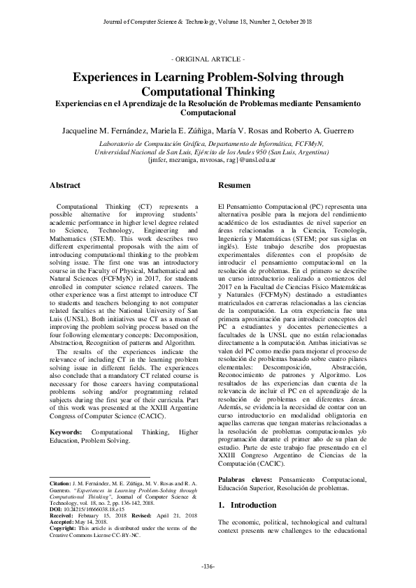 (PDF) Experiences in Learning Problem-Solving through Computational Thinking