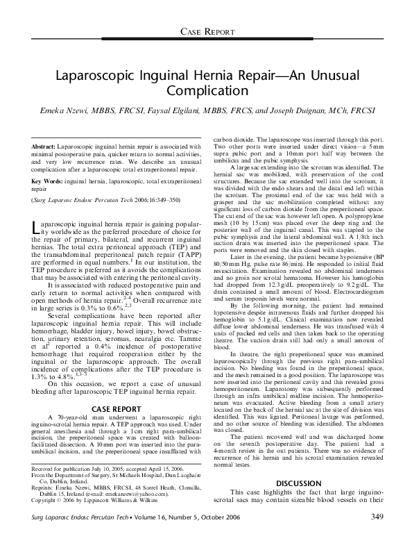 (PDF) Laparoscopic Inguinal Hernia Repair???An Unusual Complication