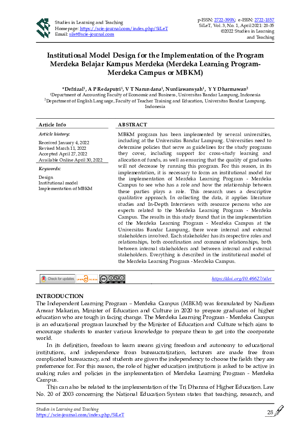 (PDF) Institutional Model for Implementing the Merdeka Learning Program