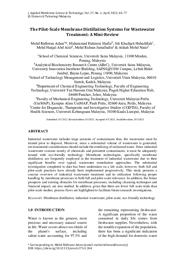 (PDF) The Pilot-Scale Membrane Distillation Systems for Wastewater ...