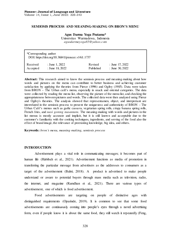 (PDF) Semiosis Process and Meaning-Making on Bron’s Menu