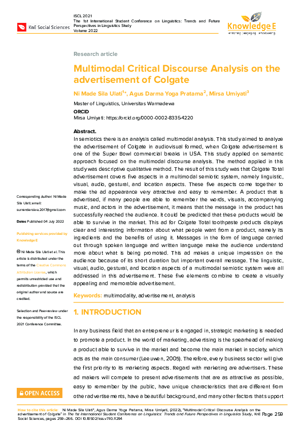 (PDF) Multimodal Critical Discourse Analysis on the advertisement of Colgate