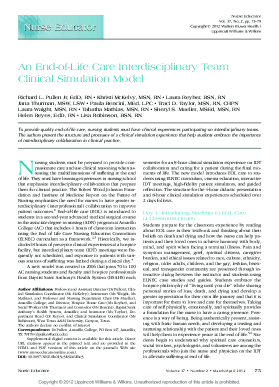 (PDF) An End-of-Life Care Interdisciplinary Team Clinical Simulation Model