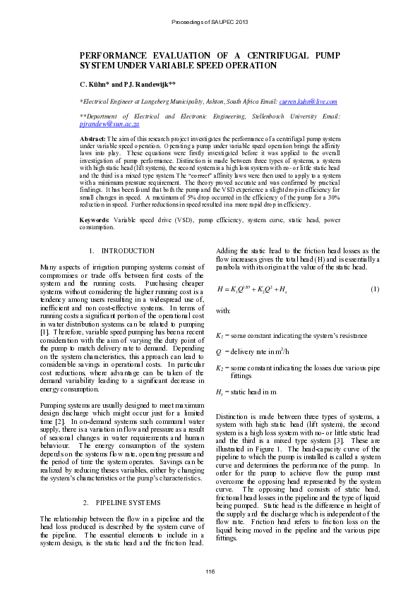 (PDF) Performance evaluation of a centrifugal pump system under variable speed operation