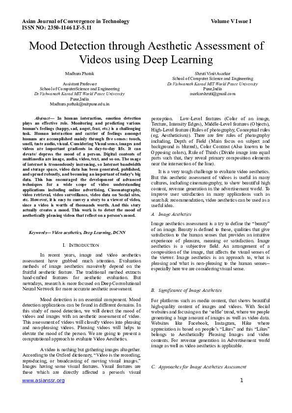 Pdf Mood Detection Through Aesthetic Assessment Of Videos Using Deep