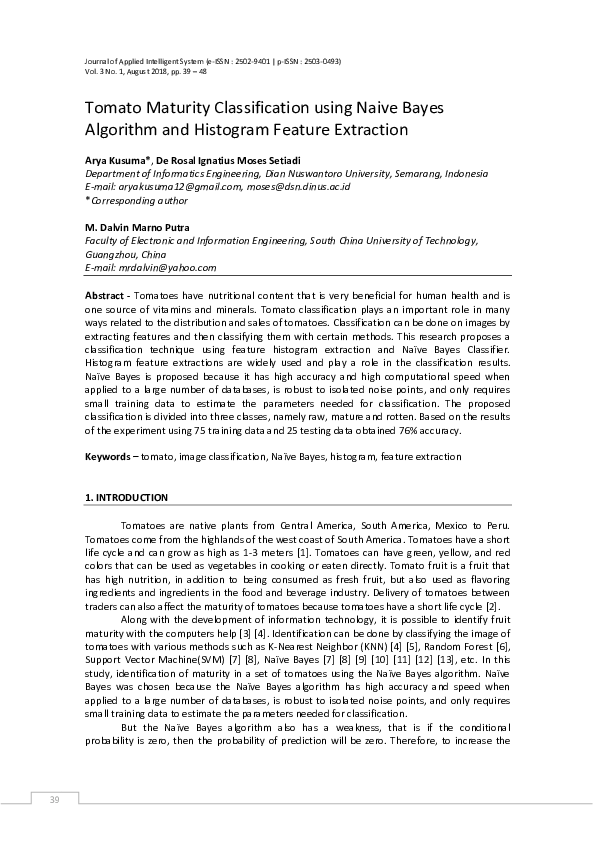 (PDF) Tomato Maturity Classification with Naive Bayes and Histogram Features