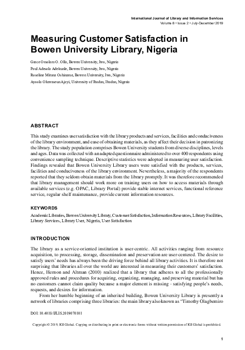 (PDF) Measuring Customer Satisfaction in Bowen University Library, Nigeria