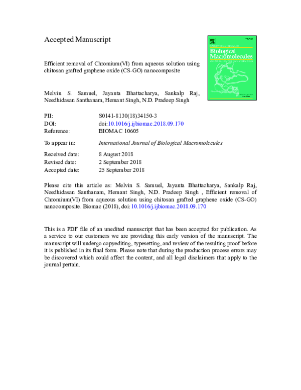 (PDF) Efficient removal of Chromium(VI) from aqueous solution using chitosan grafted graphene ...