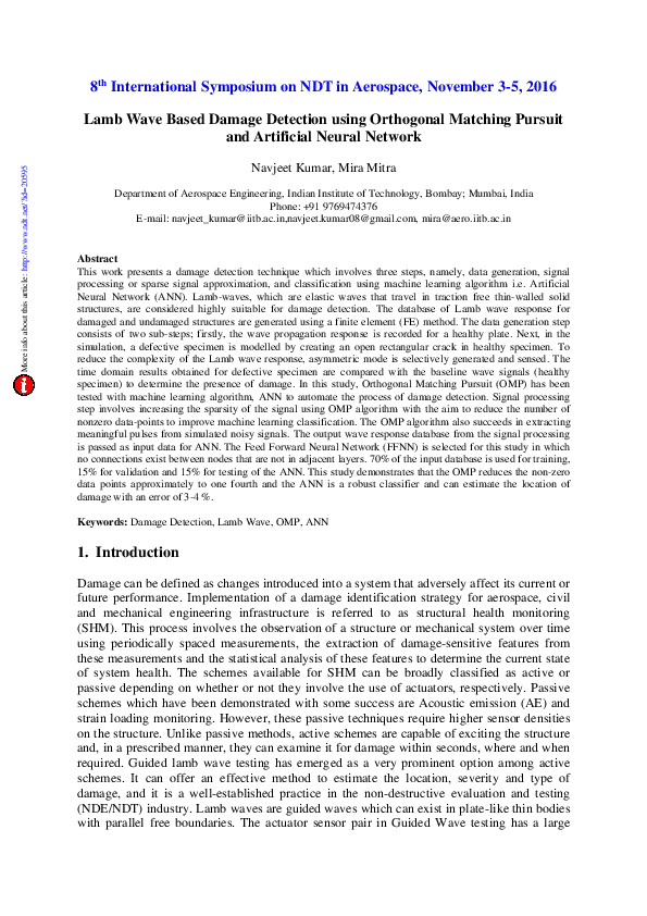 (PDF) Lamb Wave Based Damage Detection using Orthogonal Matching Pursuit and Artificial Neural ...