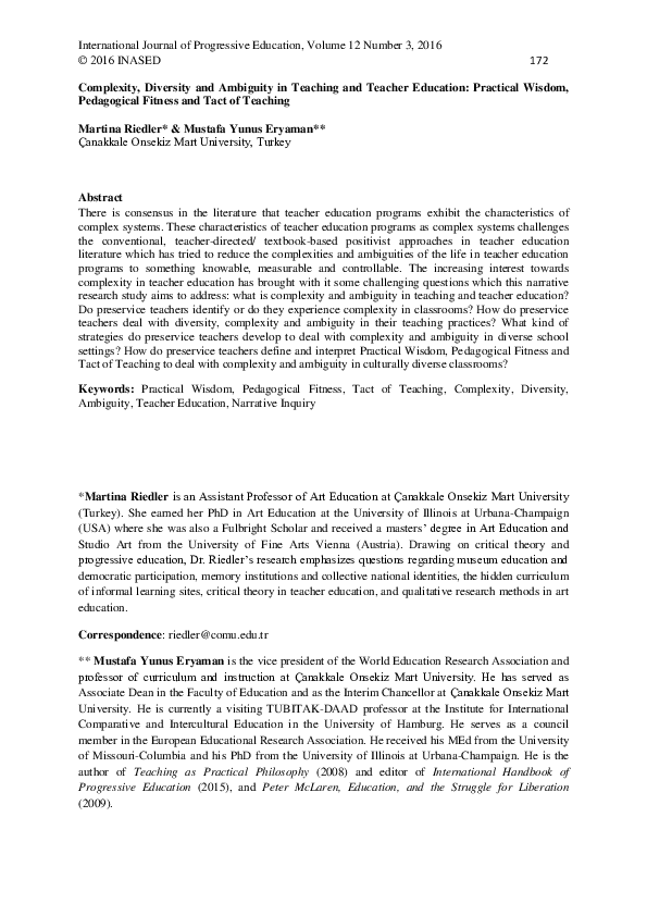 (PDF) Complexity, Diversity and Ambiguity in Teaching and Teacher Education: Practical Wisdom ...