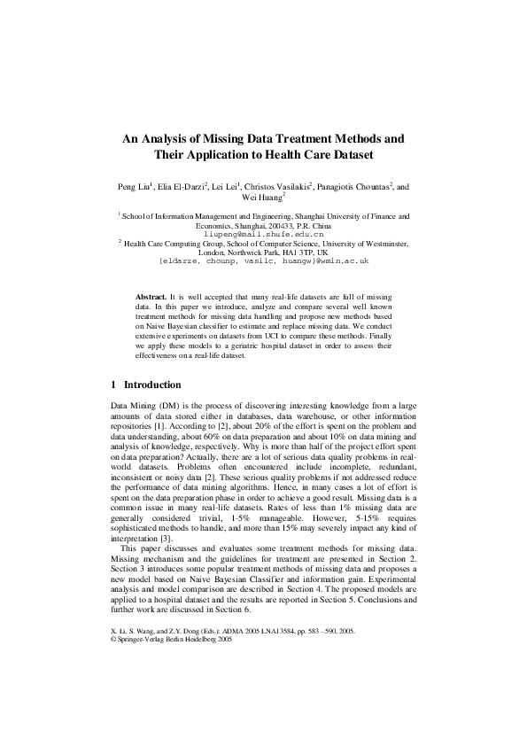 (PDF) An Analysis of Missing Data Treatment Methods and Their Application to Health Care Dataset