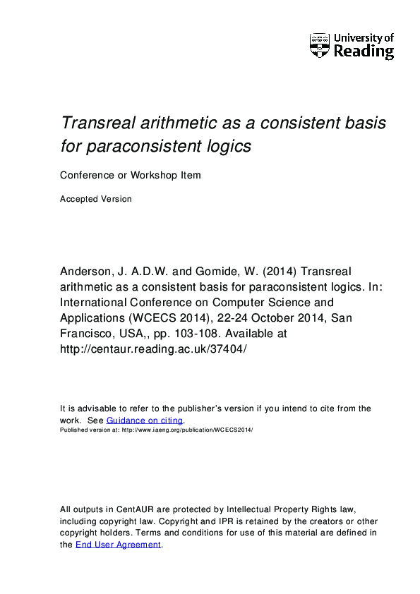 (PDF) Transreal Arithmetic as a Consistent Basis For Paraconsistent Logics