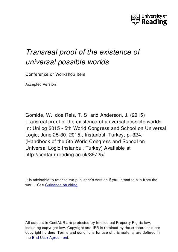 (PDF) Transreal Proof of the Existence of Universal Possible Worlds
