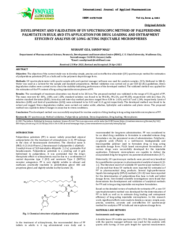 (PDF) DEVELOPMENT AND VALIDATION OF UV SPECTROSCOPIC METHOD OF PALIPERIDONE PALMITATE IN BULK ...