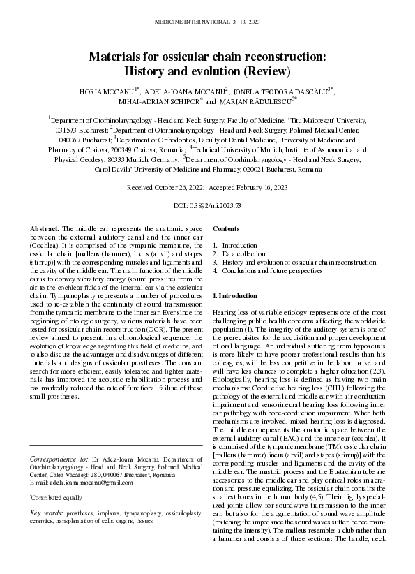 (PDF) Materials for ossicular chain reconstruction: History and ...