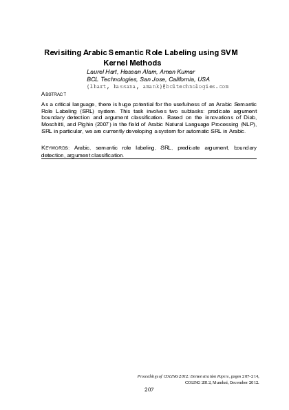 Pdf Revisiting Arabic Semantic Role Labeling Using Svm Kernel Methods Aman Kumar