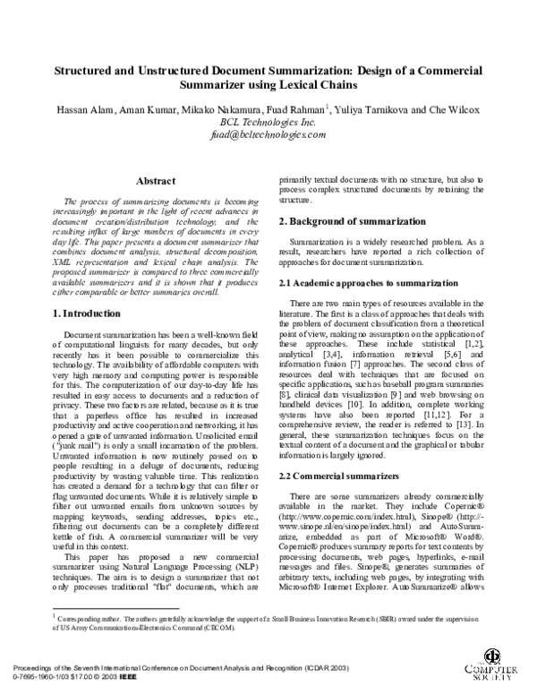(PDF) Structured and unstructured document summarization:design of a ...